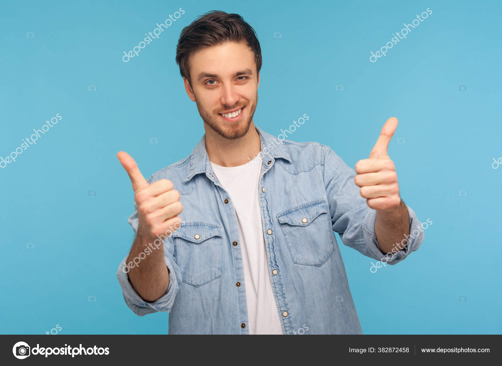 Well Done Excellent Job Portrait Smiling Satisfied Man Worker Denim ...