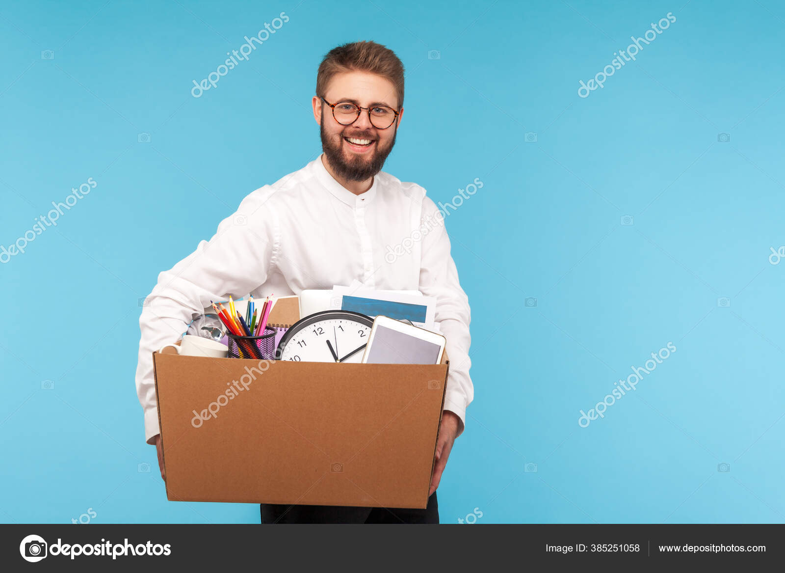 Happy Employee Carrying Box Belongings Smiling Camera Moving New Office ...