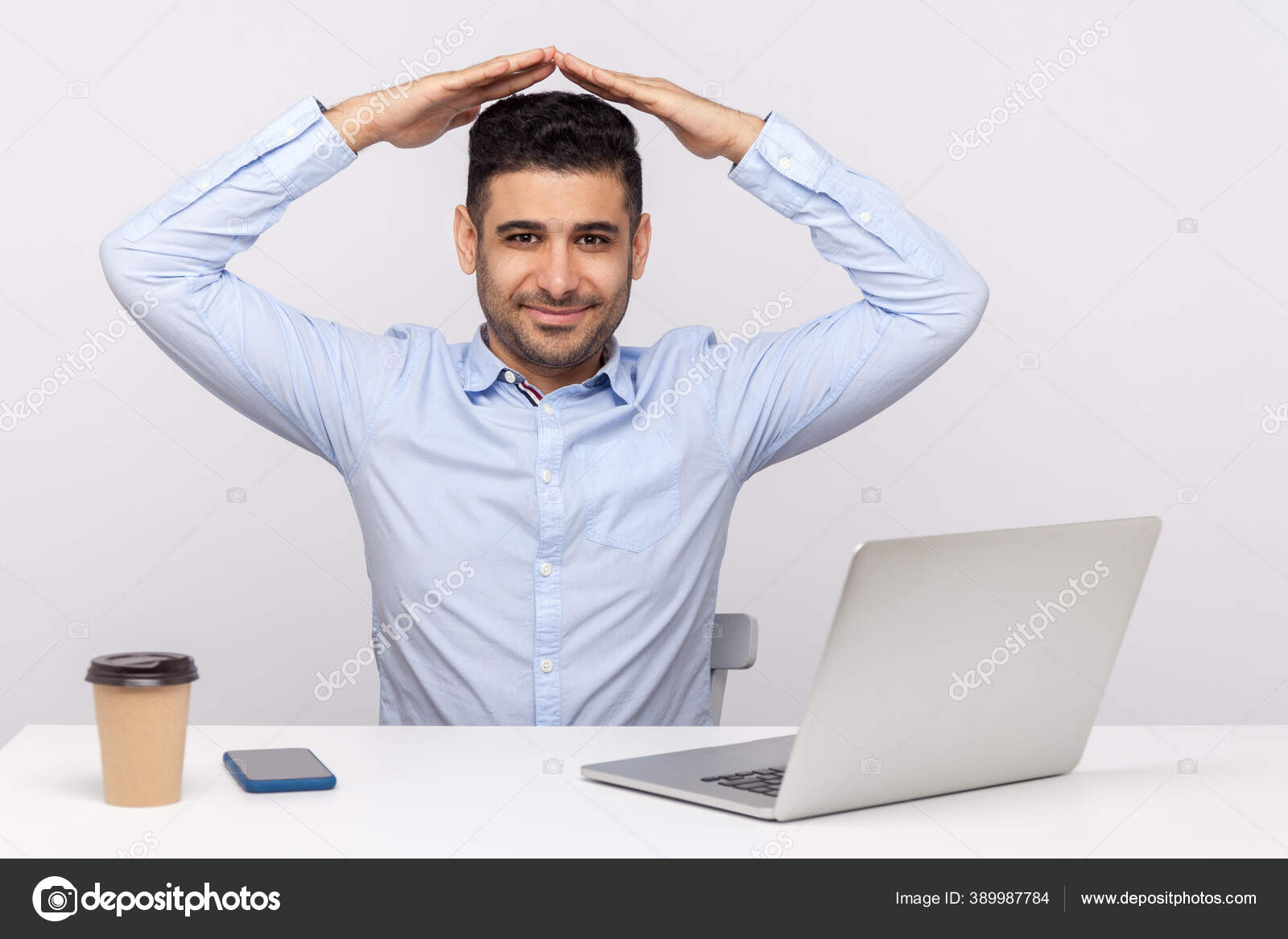 Happy Elegant Man Employee Insurance Agent Sitting Office Workplace ...