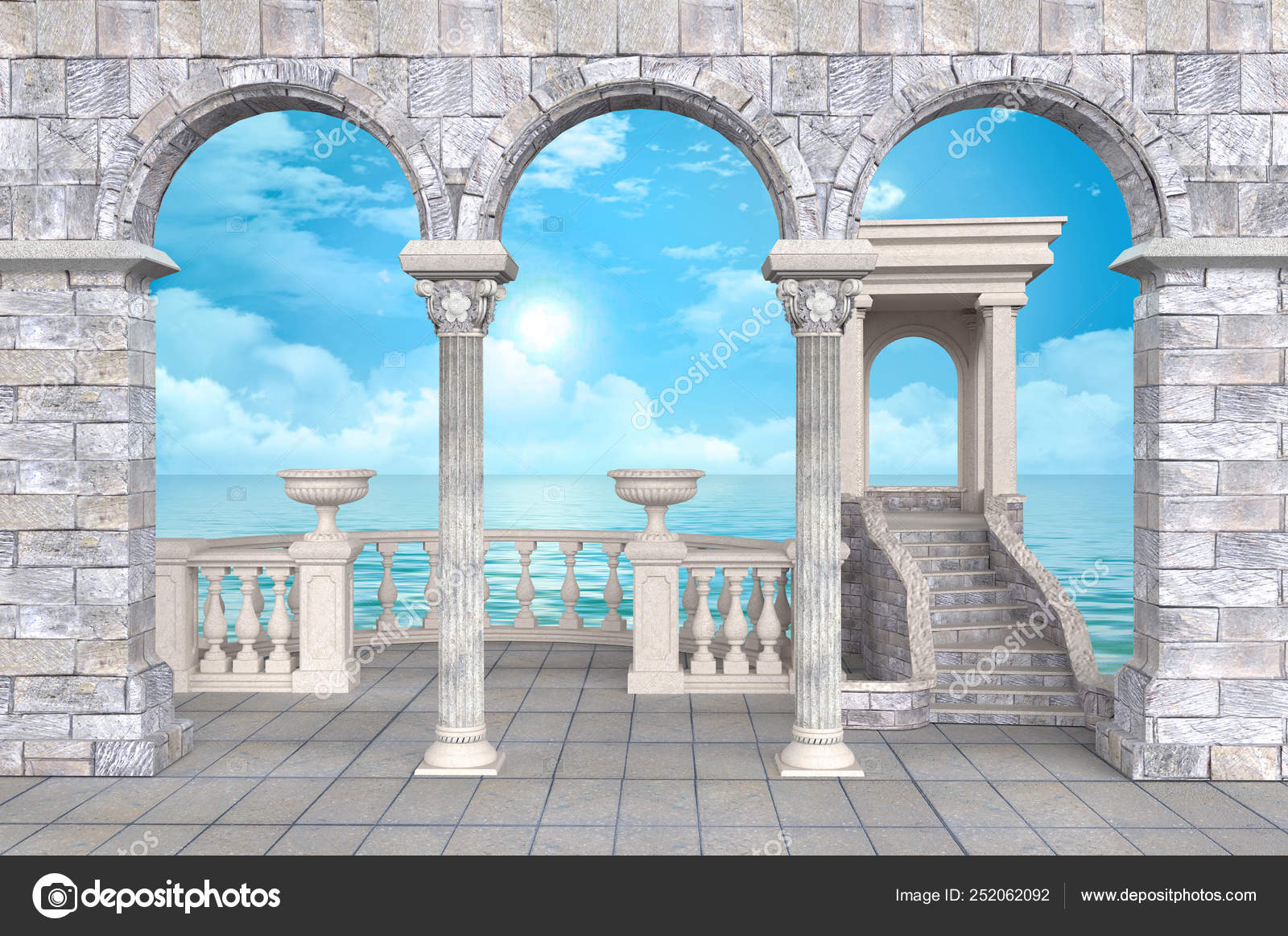 Colonnade with balustrade and portico, arches and stucco with se Stock ...