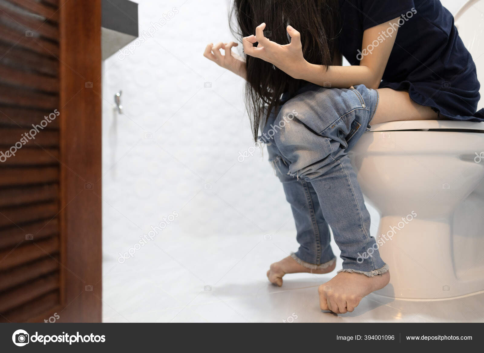 Asian Child Girl Sitting Defecating Toilet Bowl Bathroom People ...