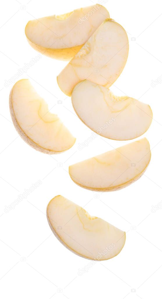 Manzana amarilla en rodajas cayendo (Chantecler, chanteclerc, Malus ...