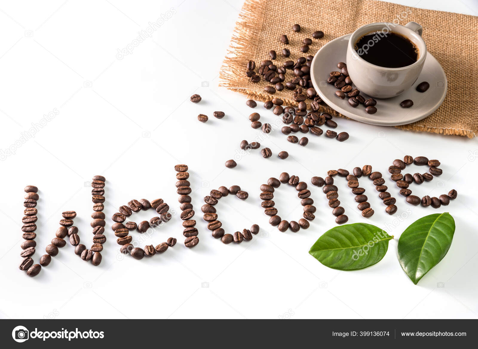Coffee Cup Text Welcome Made Coffee Beans Isolated White Stock Photo by ...