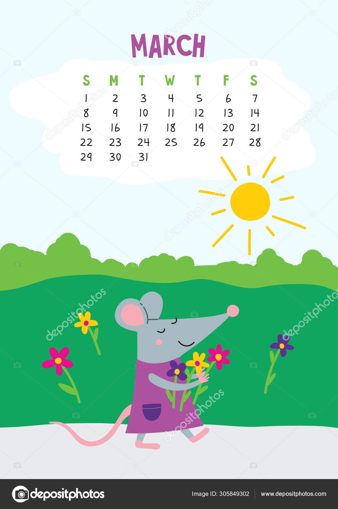 March. Vector calendar page with cute rat with flowers — Stock Vector ...