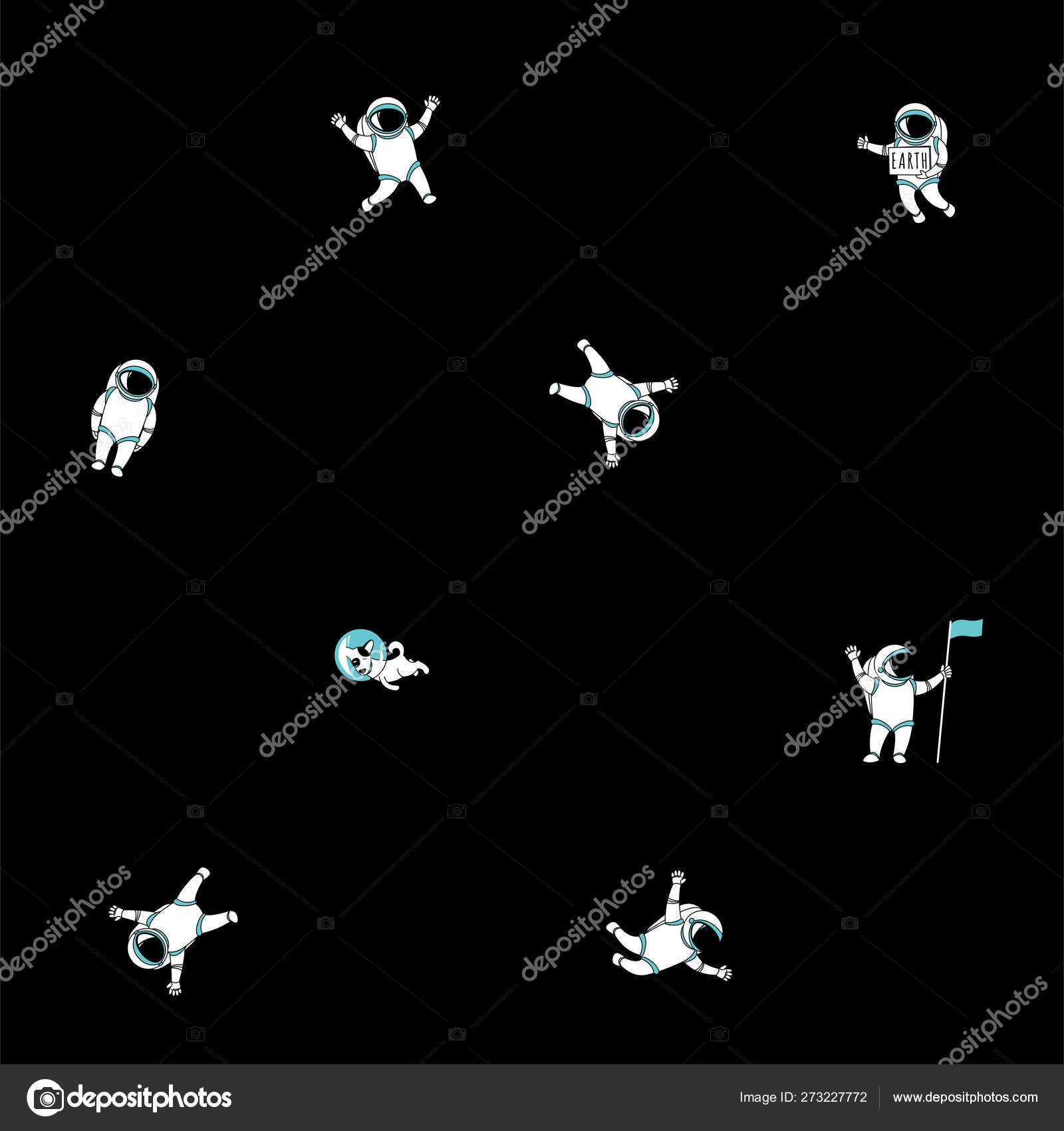 Funny astronaut spaceman characters exploring outer space seamless ...