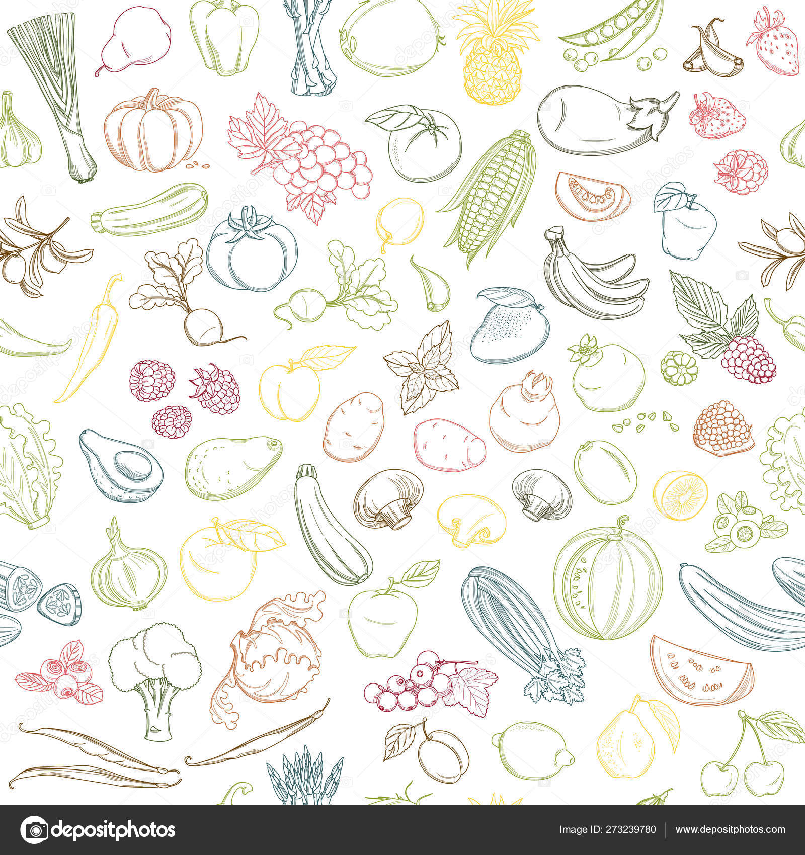 Seamless background pattern of organic farm fresh fruits and vegetables ...