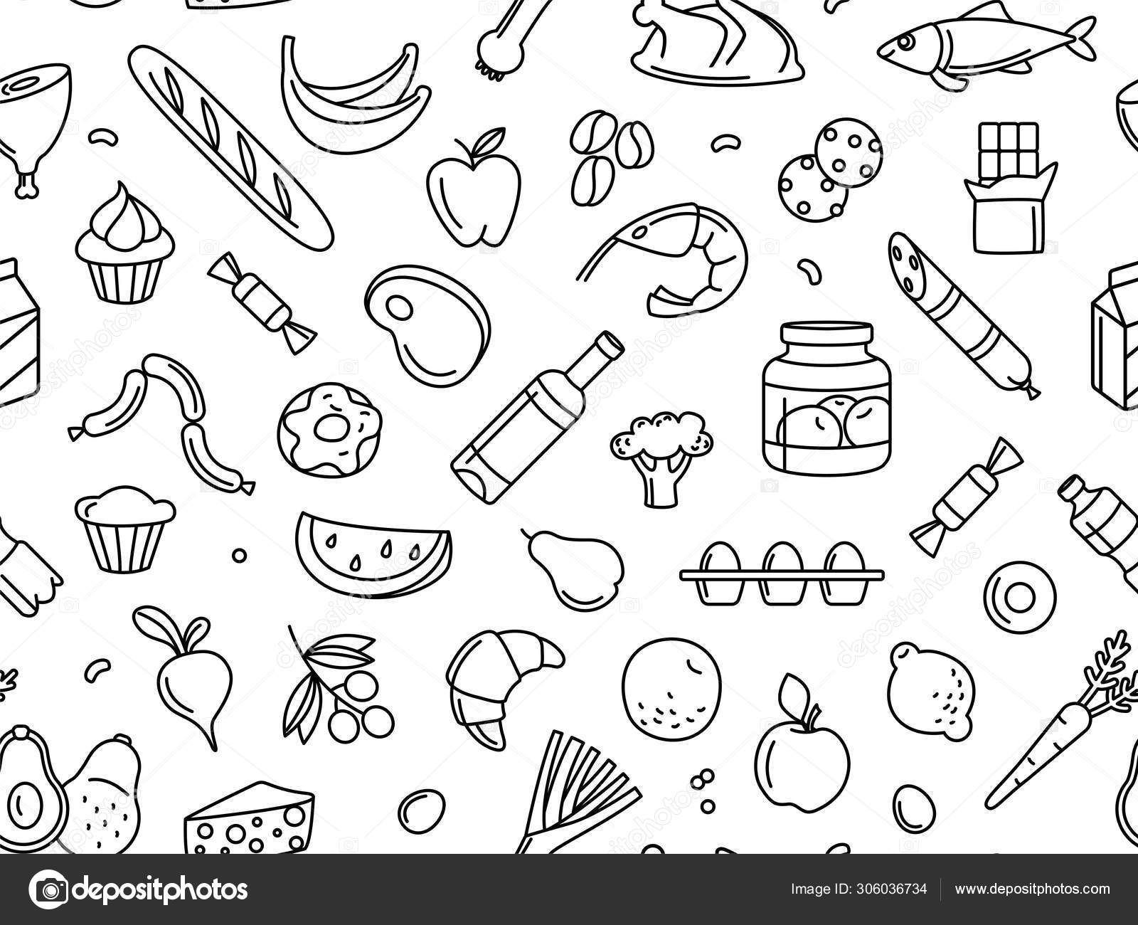 Seamless pattern supermarket grosery store food, drinks, vegetables ...
