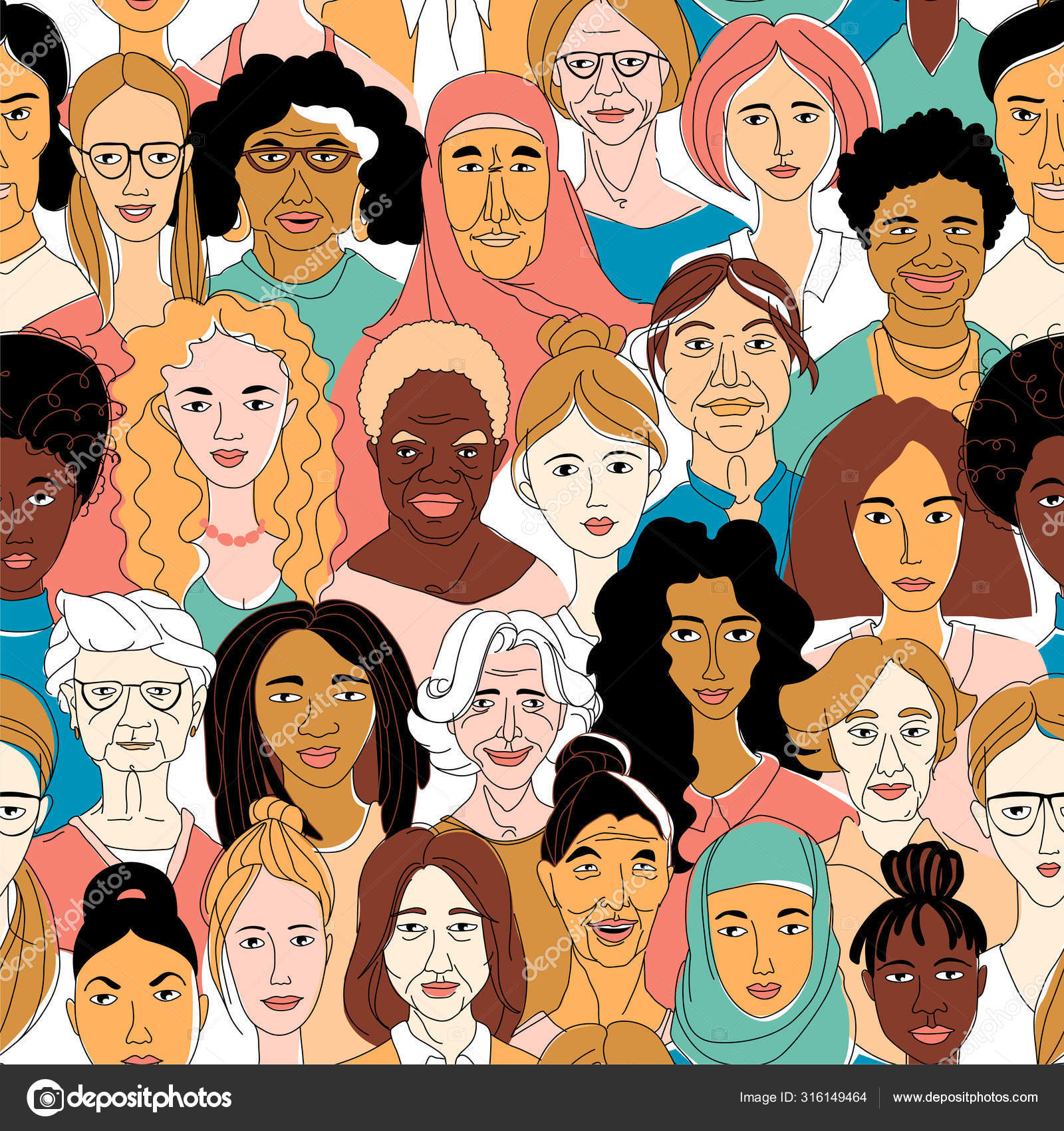 Women's diversity head portraits line drawing doodle poster seamless ...