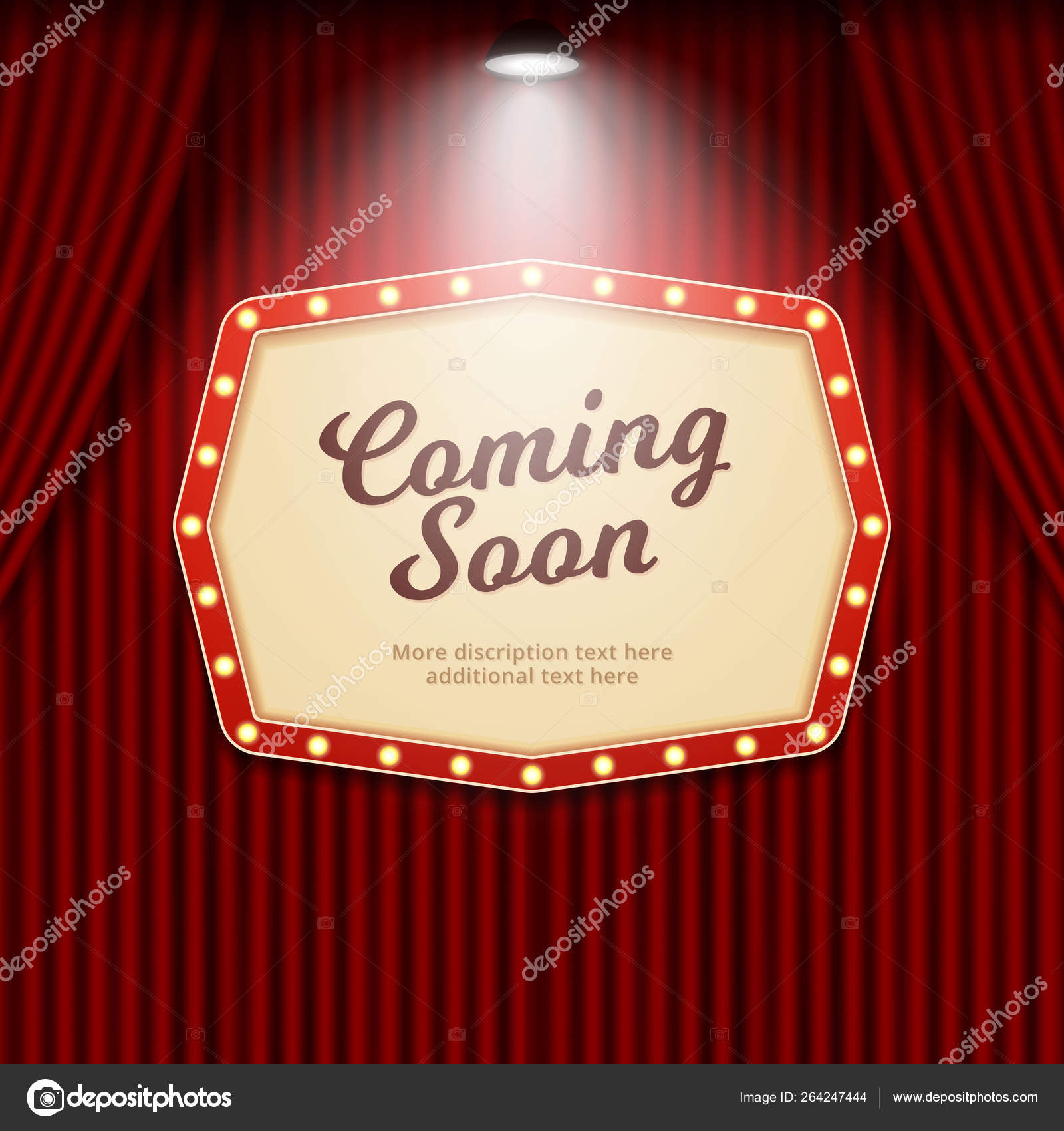 Coming soon retro theater sign illuminated by spotlight on cinema ...