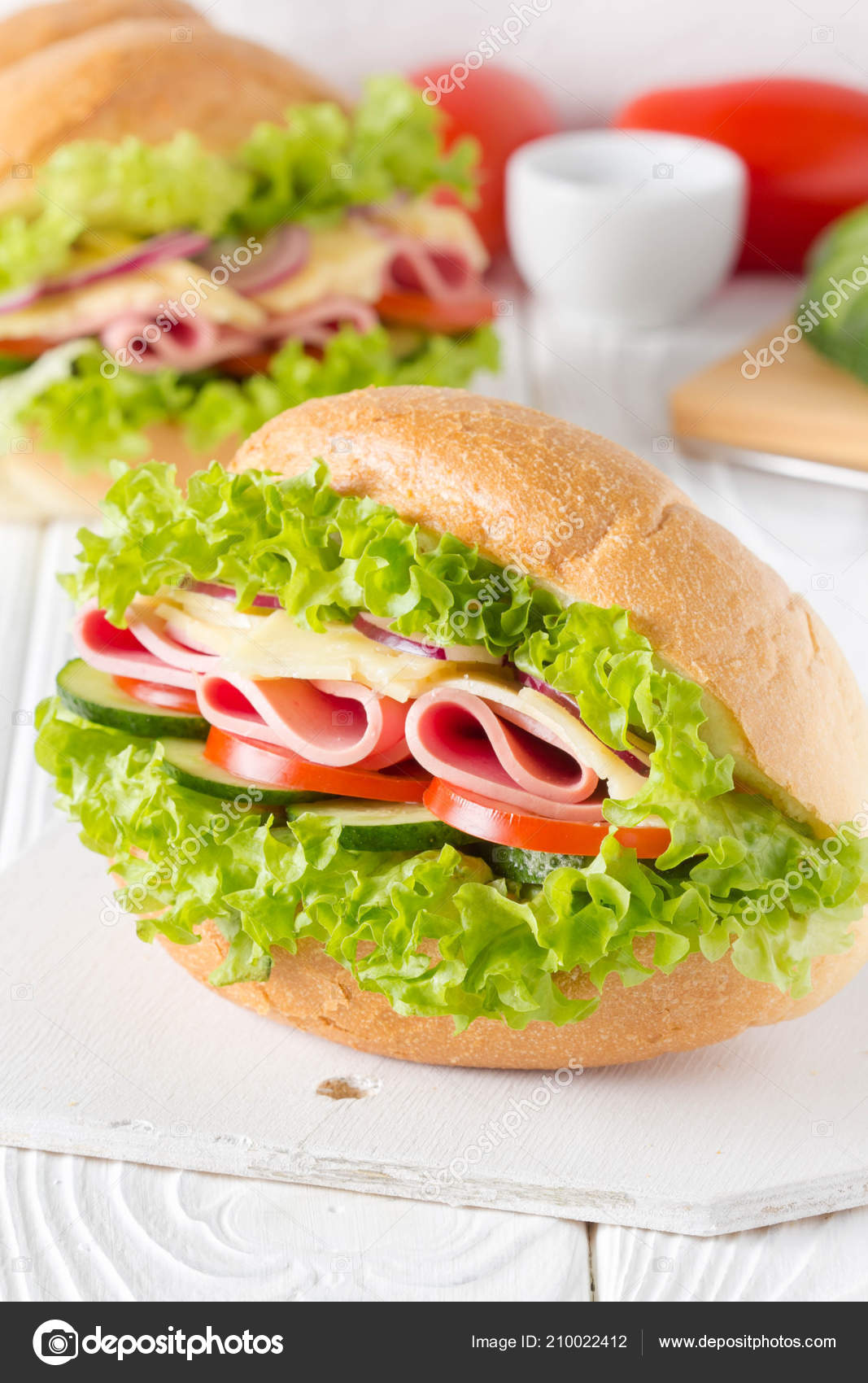 Closed Sandwich Bun Ham Cheese Lettuce Tomato Cucumber Red Onion ...