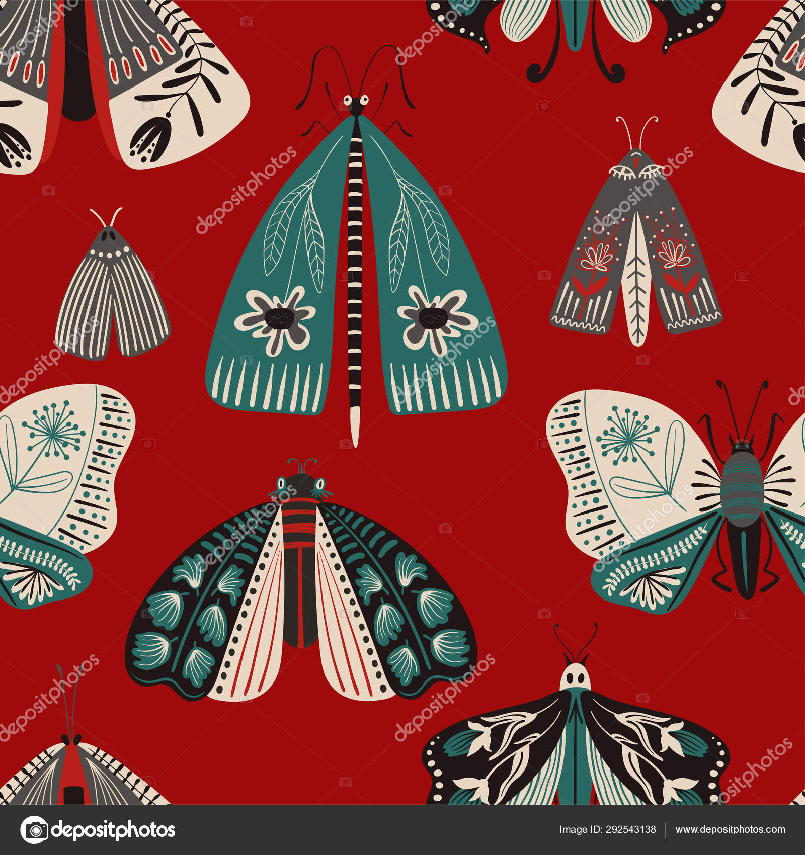 Folk Art Seamless Pattern With Moths. — Stock Vector © Annykos #292543138