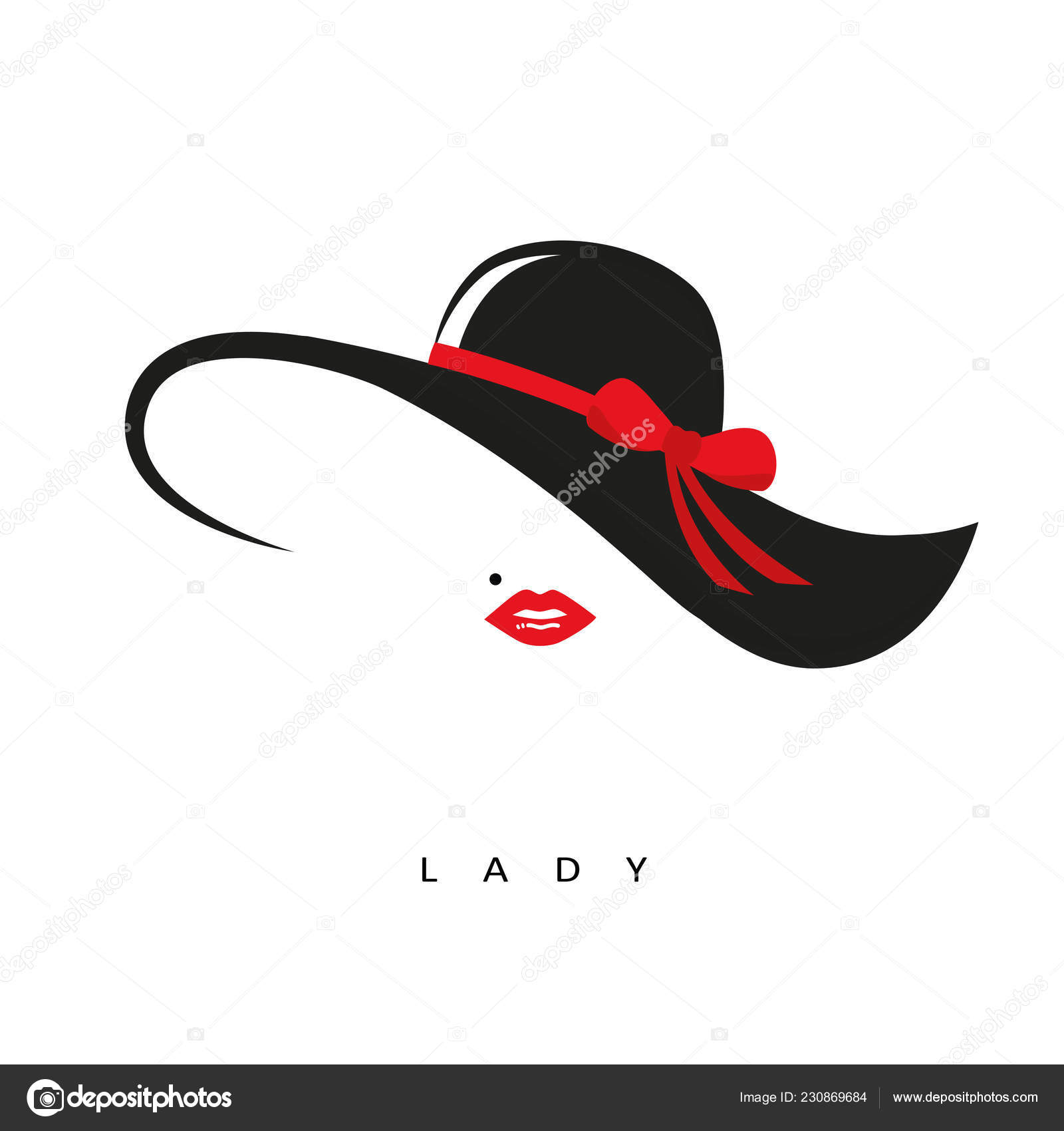 Señora con sombrero elegante con lazo rojo y labios rojos Vector de ...