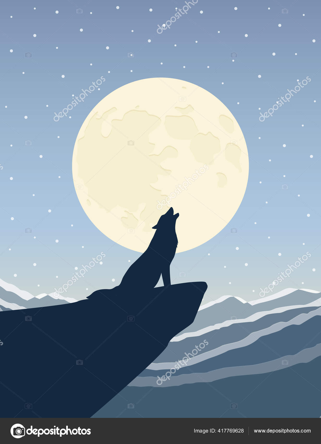 Loup hurle à la pleine lune sur un paysage de montagne enneigé Vecteur ...