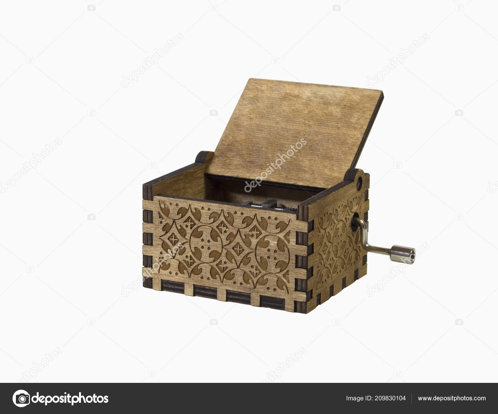 Front view of music box on white background. Macro of the music box ...