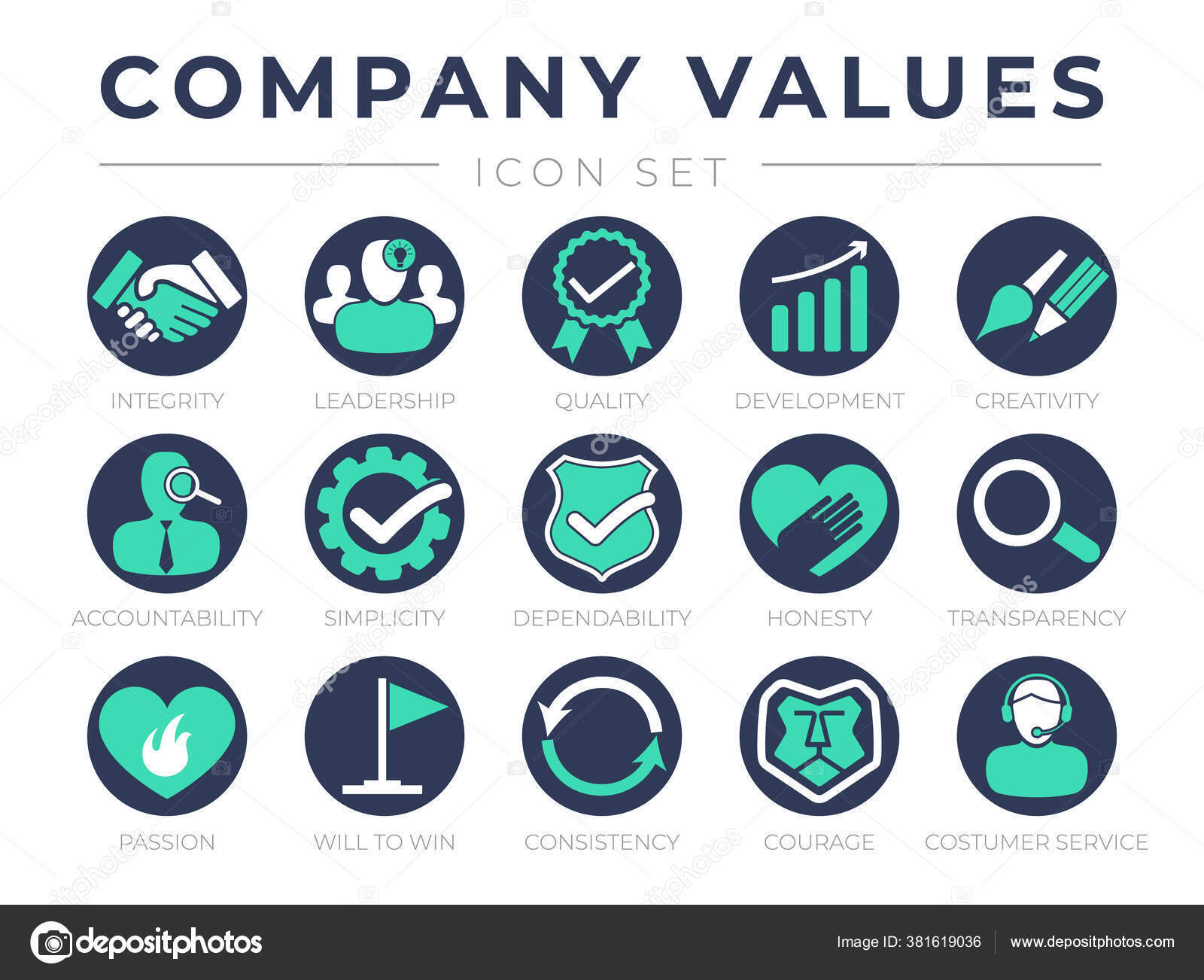 Company Core Values Web Icon Set Integrity Leadership Quality ...