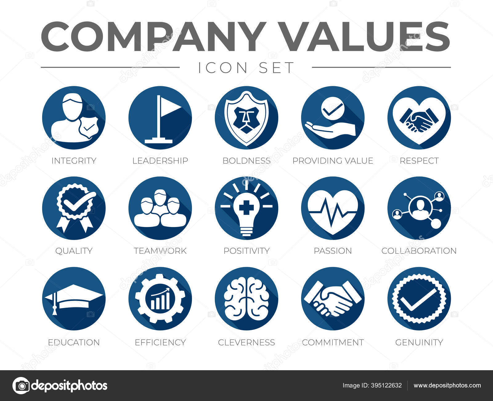 Business Company Values Flat Icon Set Integrity Leadership Boldness Value Stock Vector by ...