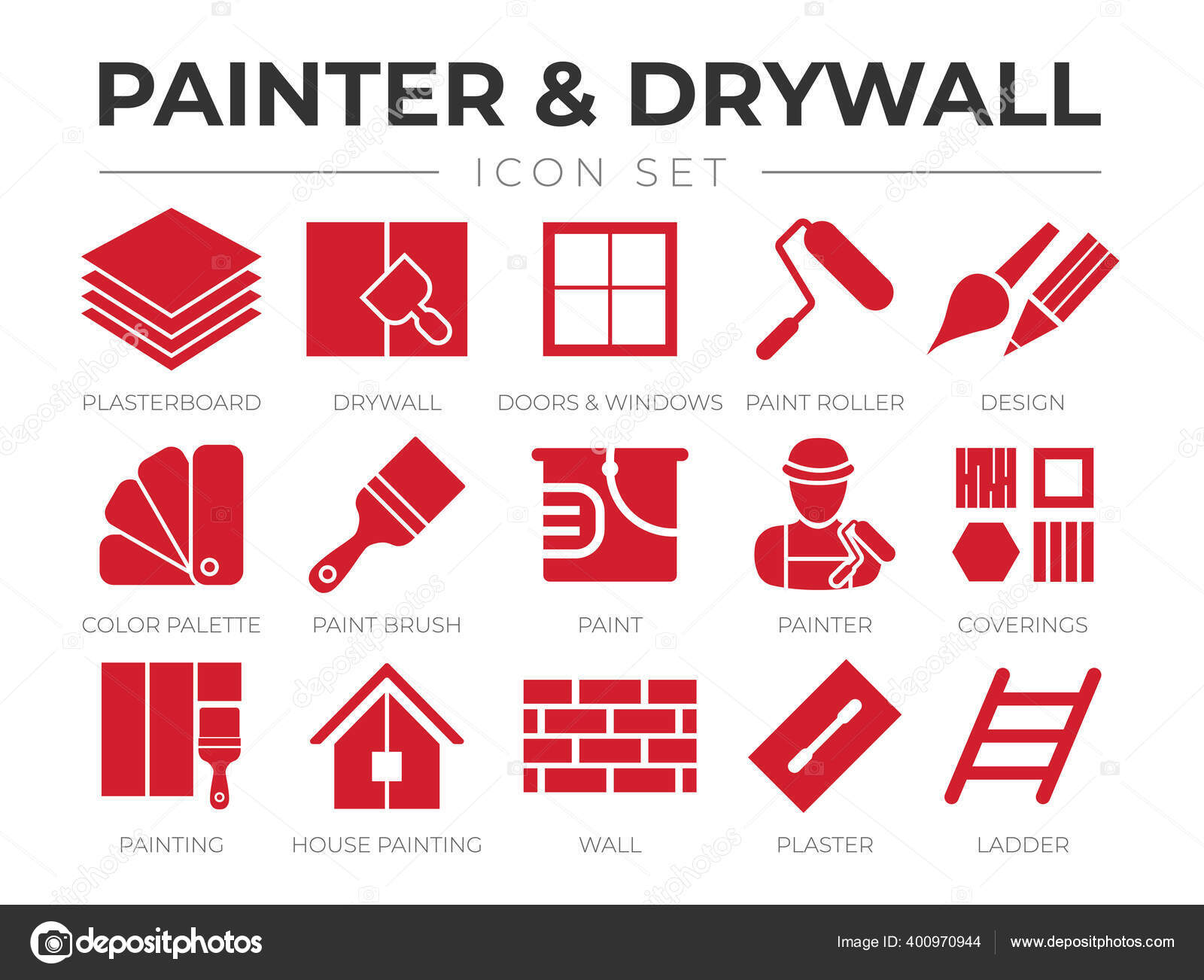 Red Painter Drywall Icon Set Plasterboard Paint Roller Brush Painter ...