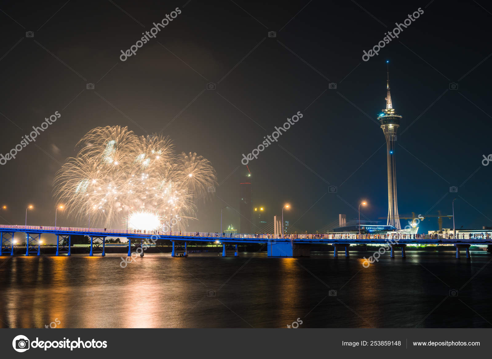 Beautiful firework with macau tower is landmark of macau city — Stock ...
