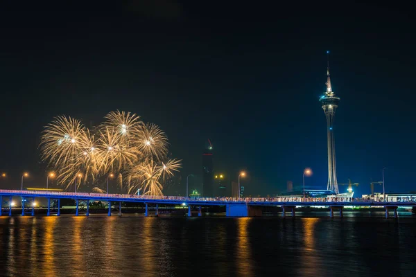 Beautiful firework with macau tower is landmark of macau city — Stock ...