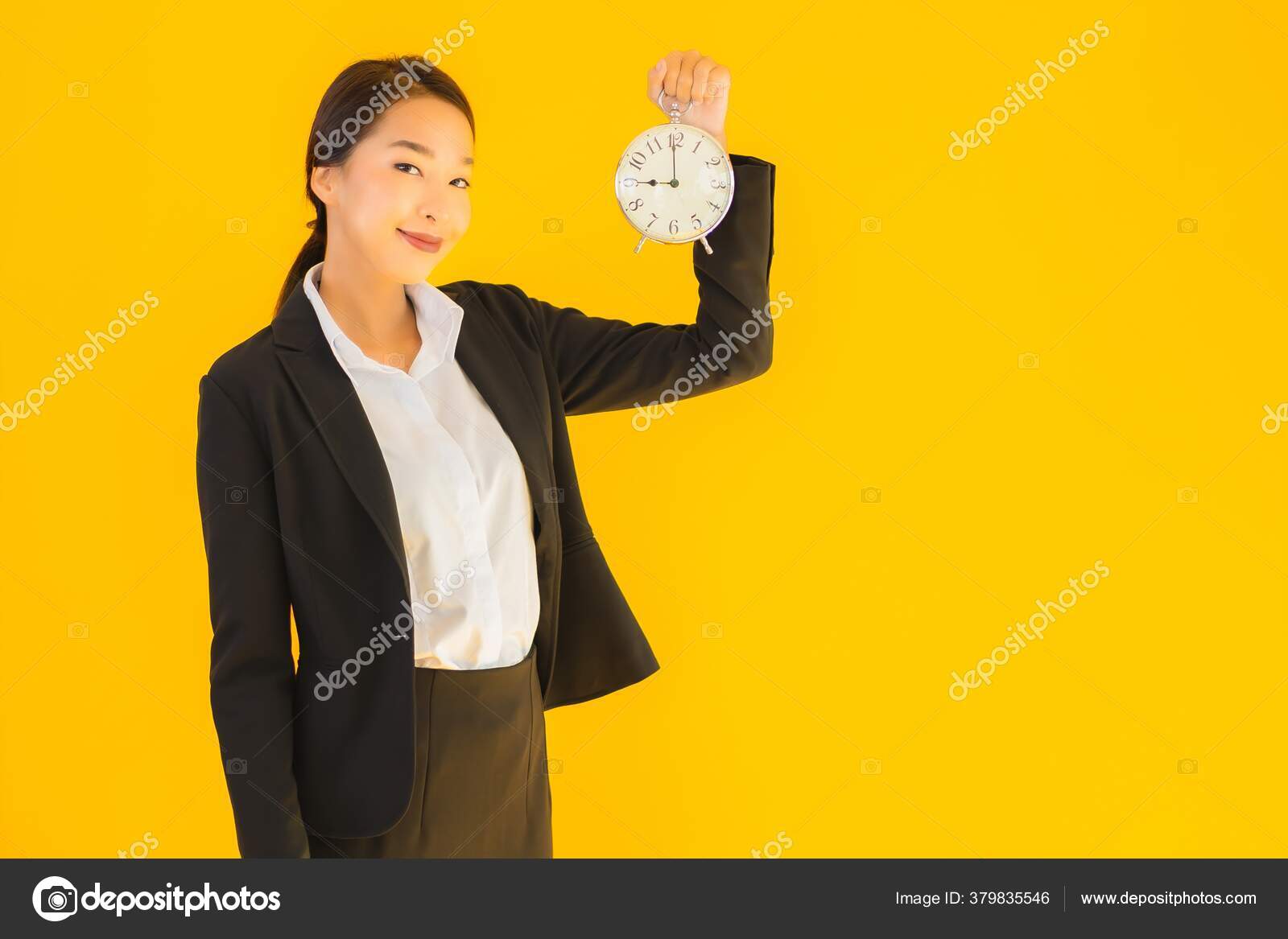 Portrait Beautiful Young Asian Woman Show Time Clock Alarm Yellow ...