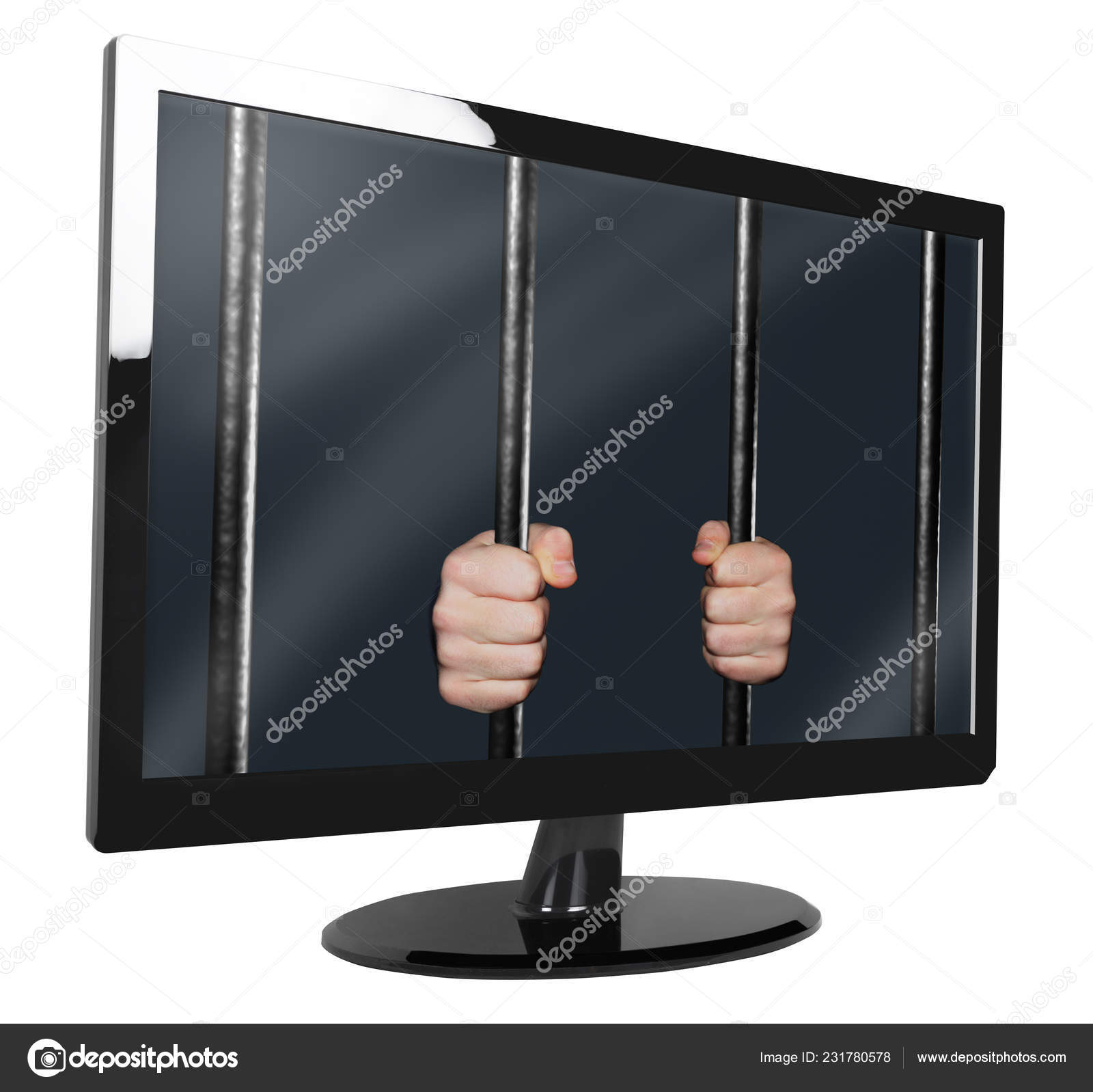 Monitor Hands Holding Jail Bars Screen Isolated White Illustration ...