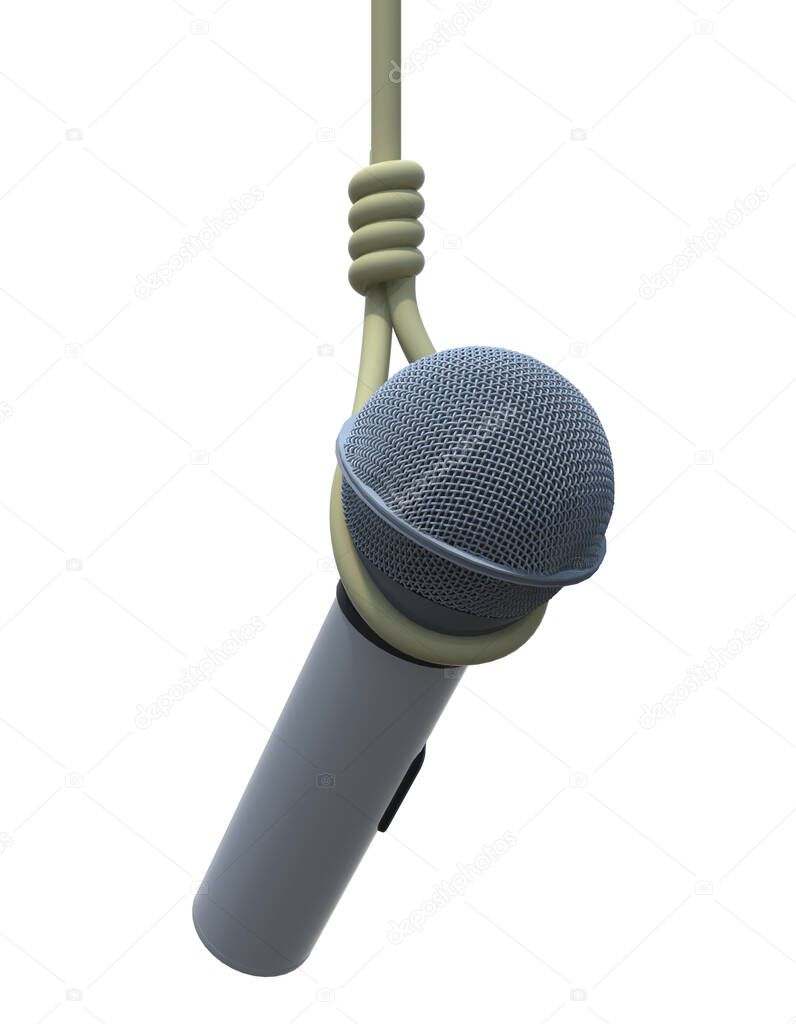 micrófono colgado aislado en blanco, ilustración 3d 2022