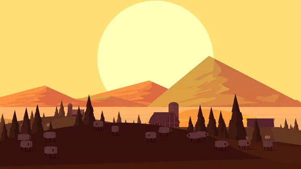 Sunset Evening Farmland Cartoon Landscape Stock Illustration by ...