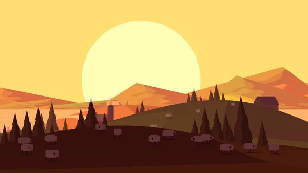 Sunset Evening Farmland Cartoon Landscape Stock Illustration by ...