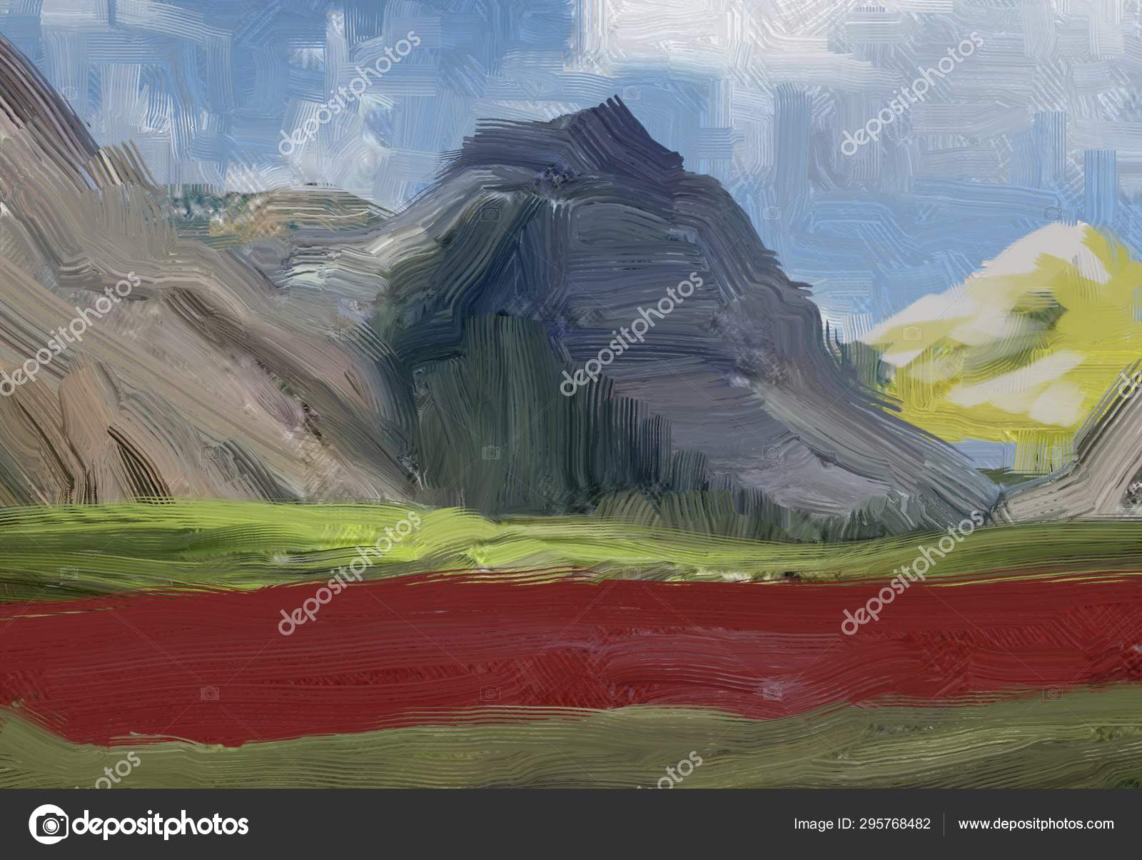 Colorful Green Countryside Field Grass Summer Time Illustration Oil ...