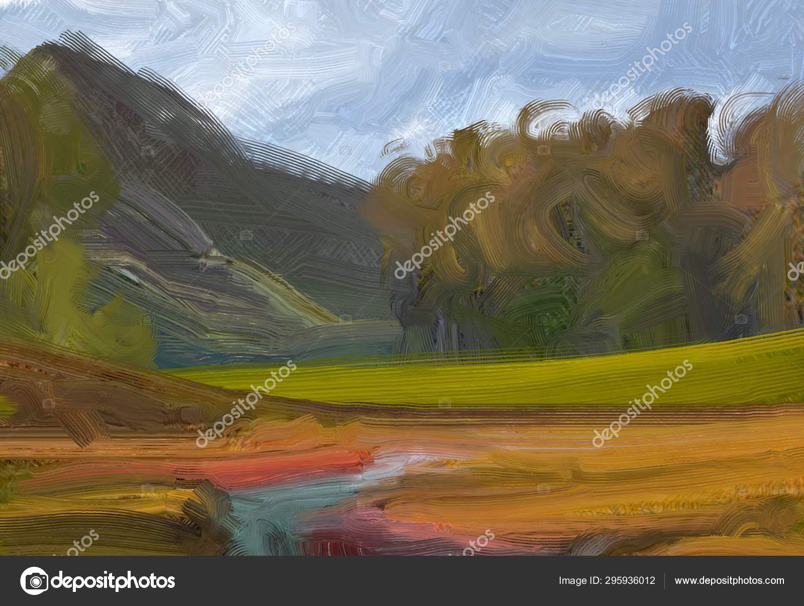 Colorful Green Countryside Field Grass Summer Time Illustration Oil ...