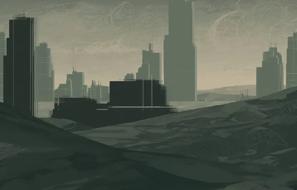 2d illustration. Skyscraper futuristic city metropolis. Digital art ...