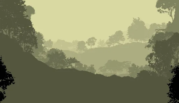 2d illustration. Trees in fog. Deep forest haze. Hills covered by ...
