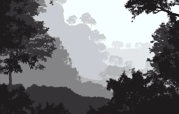 2d illustration. Trees in fog. Deep forest haze. Hills covered by ...