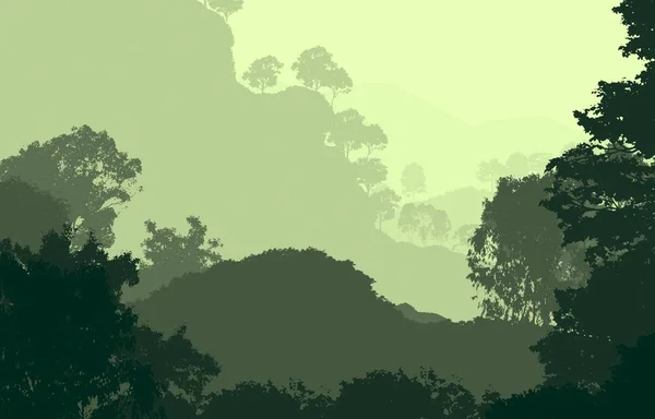2d illustration. Trees in fog. Deep forest haze. Hills covered by ...