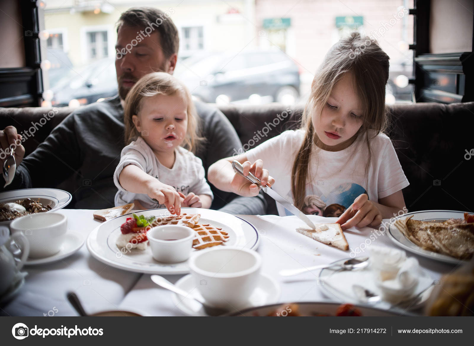 Dad Two Daughters Cafe Have Breakfast Stock Photo by ©anastasia ...