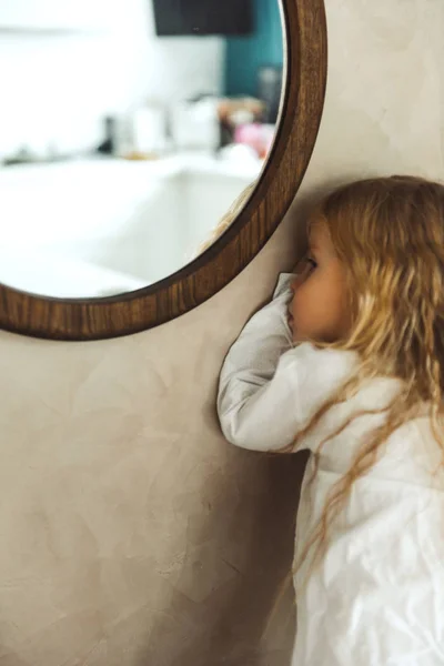 Portrait Sad Little Girl White Window — Stock Photo © anastasia ...