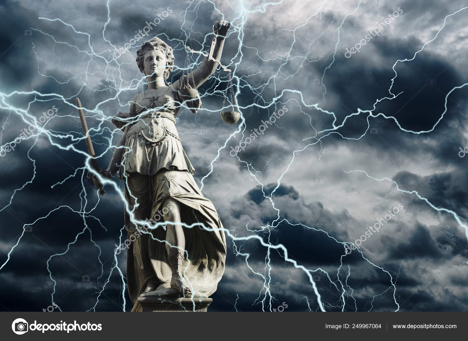 Justitia Symbol Justice Front Background Sky Clouds Lightning Concept ...