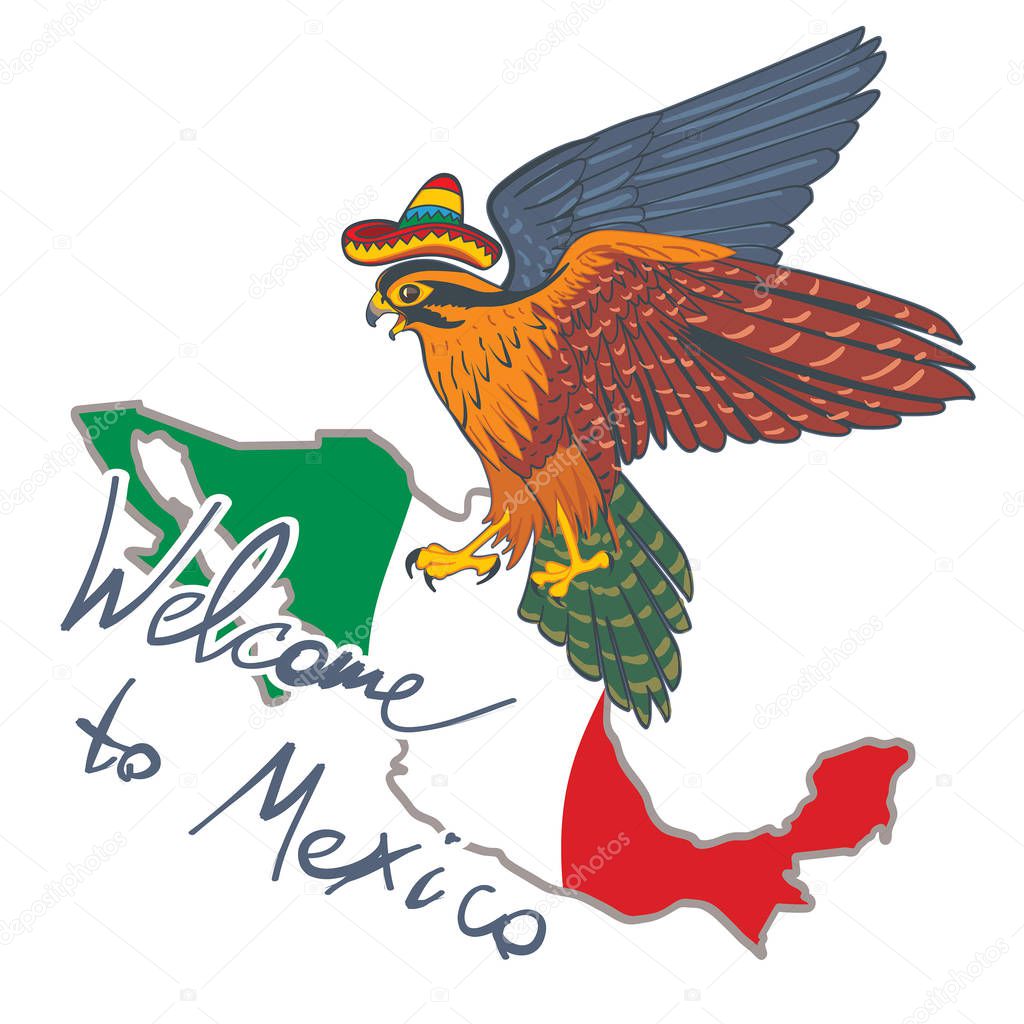 tarjeta con halc n p jaro en sombrero y mapa con texto bienvenido a M xico, vector, ilustraci n 2024