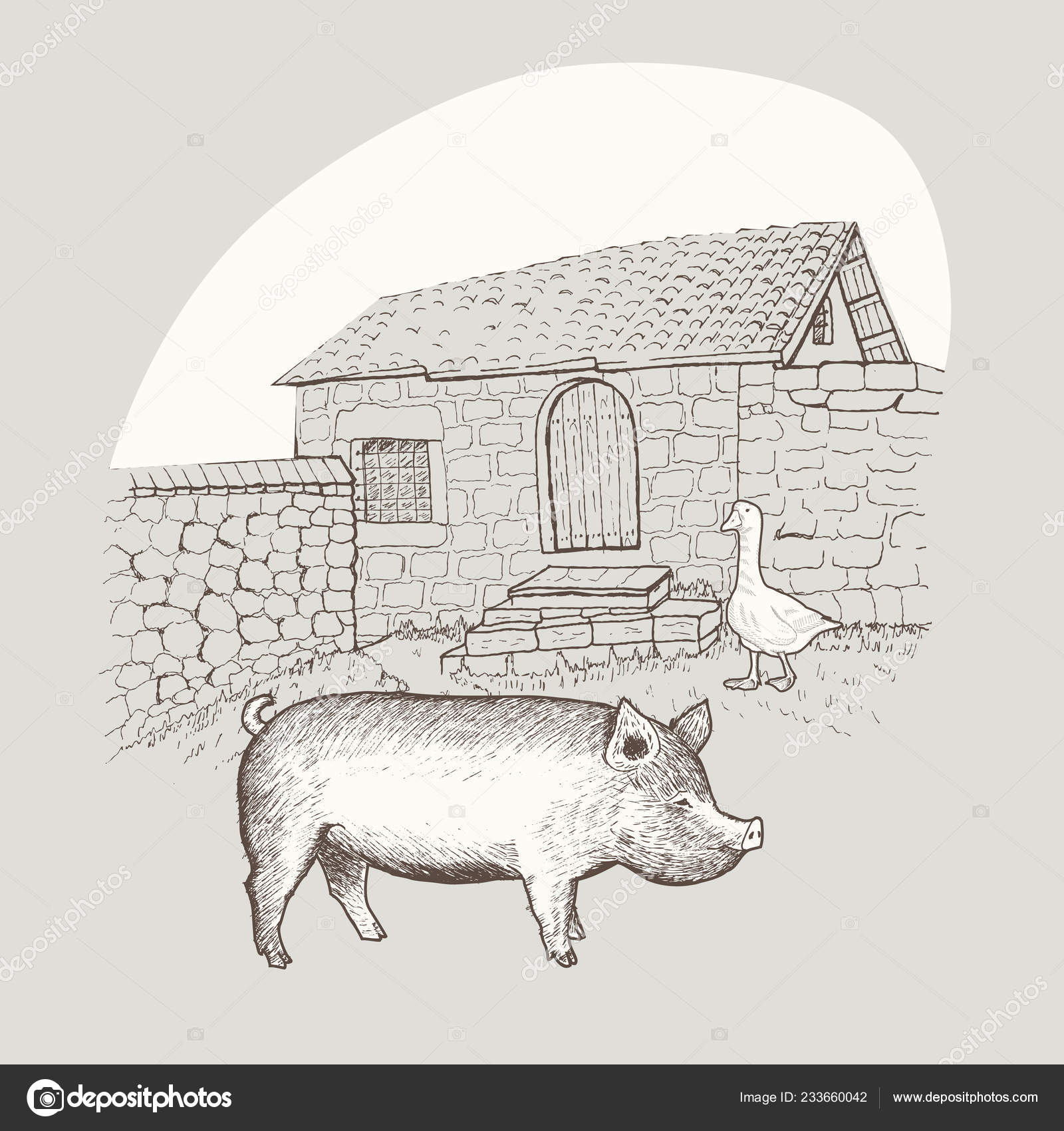 Pig Old House Background Hand Drawn Vector Illustration Stock Vector ...