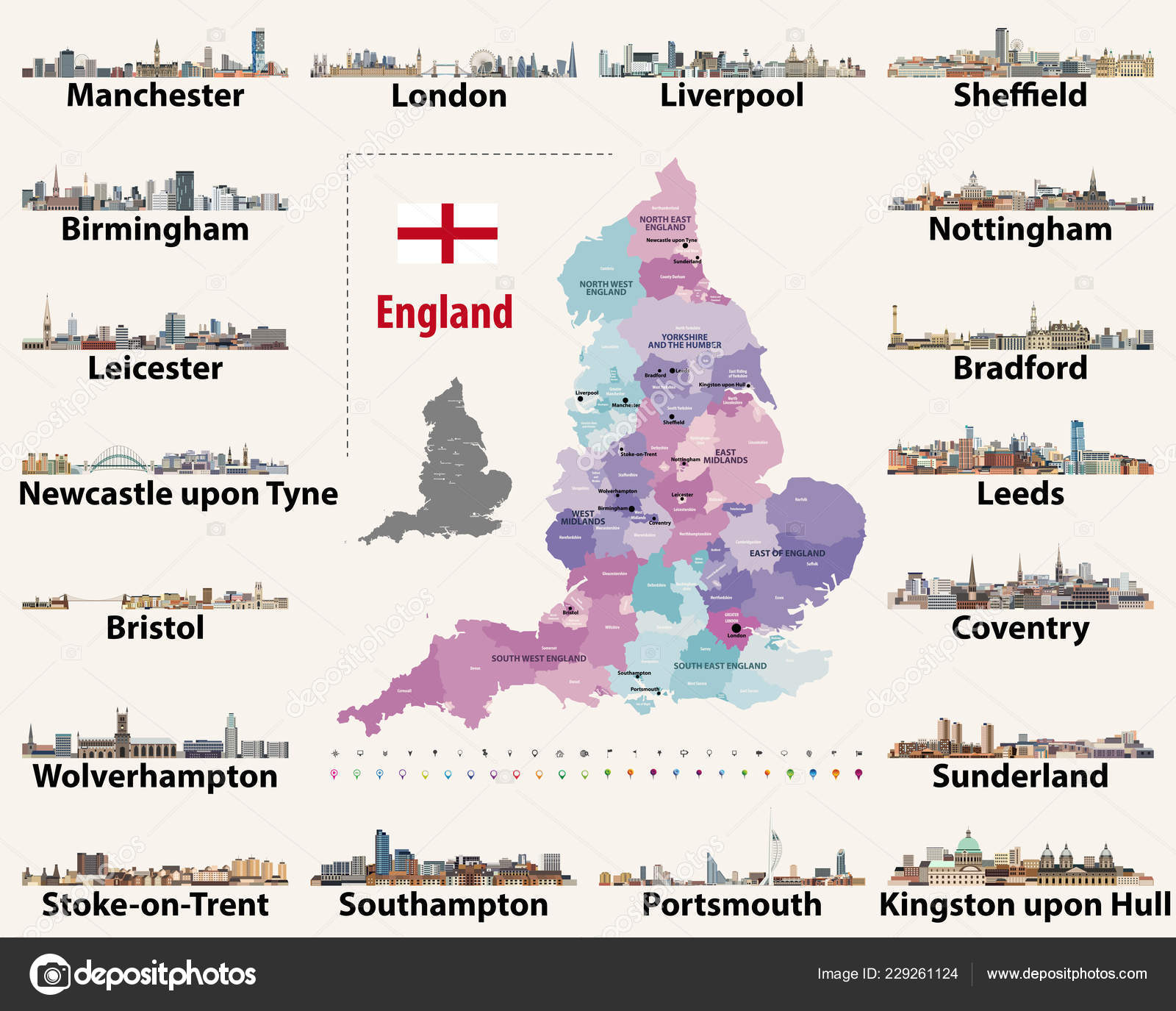 Conjunto Vetorial Inglaterra Maiores Cidades Skylines Mapa Bandeira ...