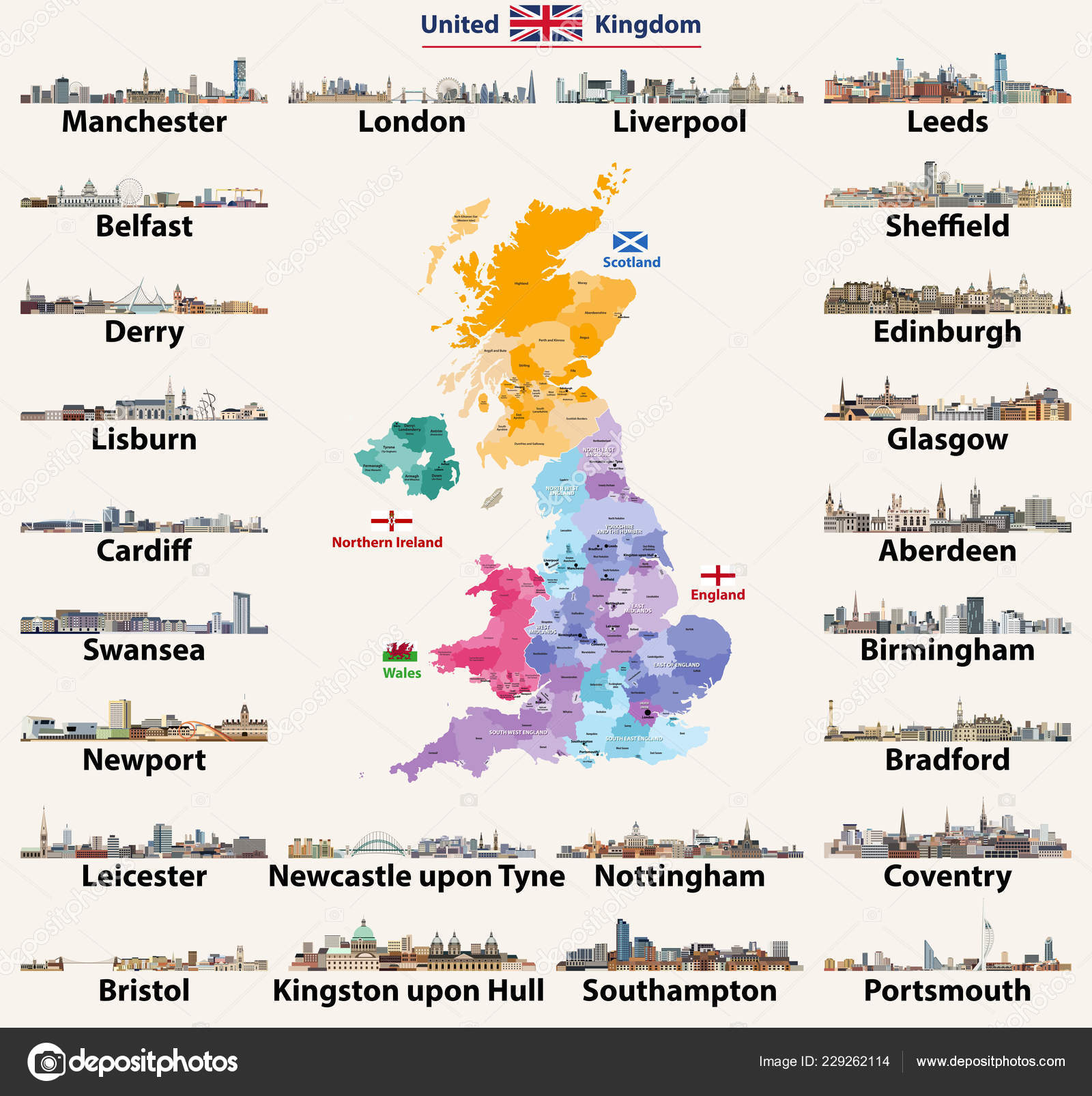 United Kingdom Cities Skylines Detailed Map United Kingdom Countries England Stock Vector By