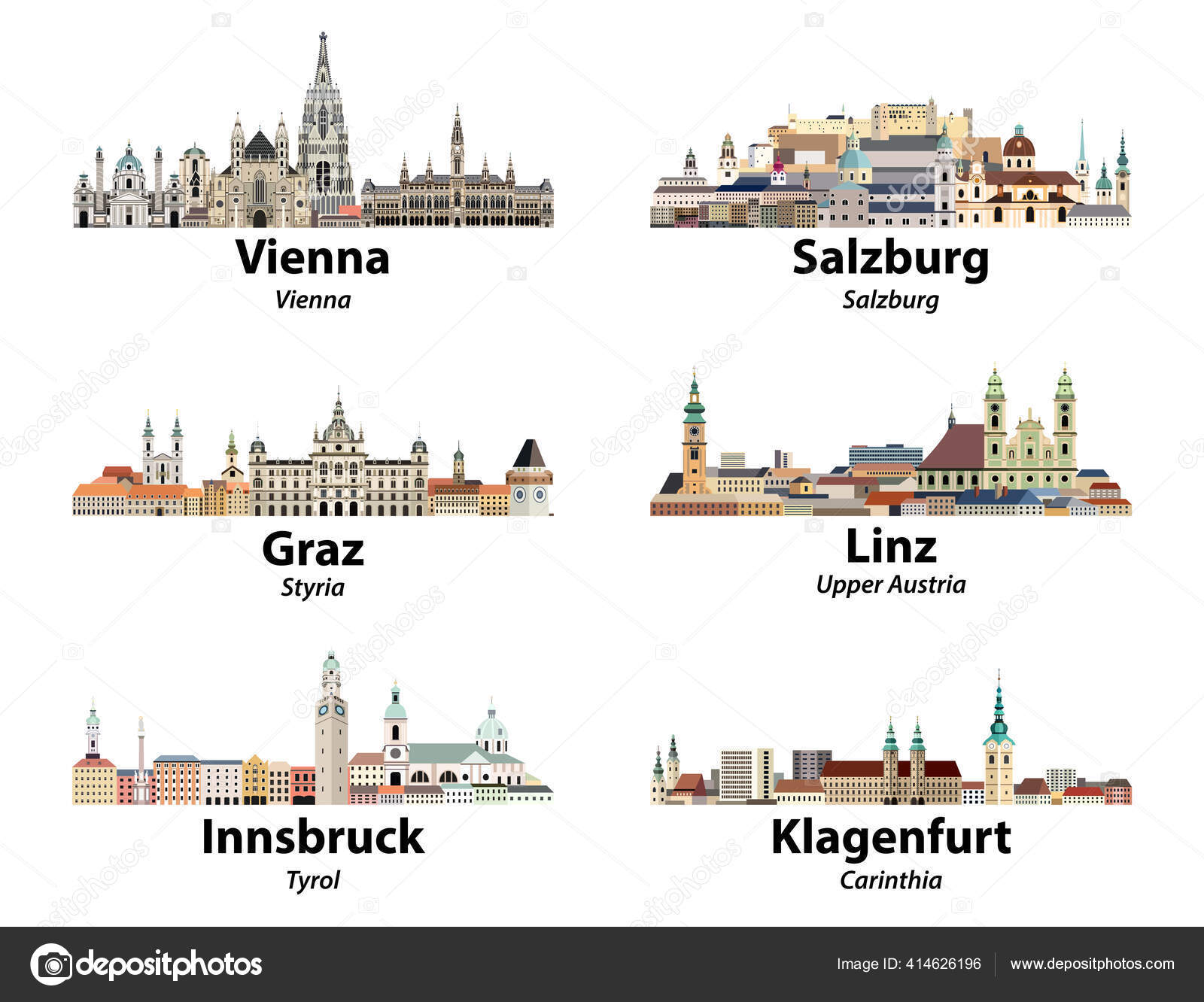 Austria Ciudades Principales Skylines Vector Iconos Aislados Vector de ...