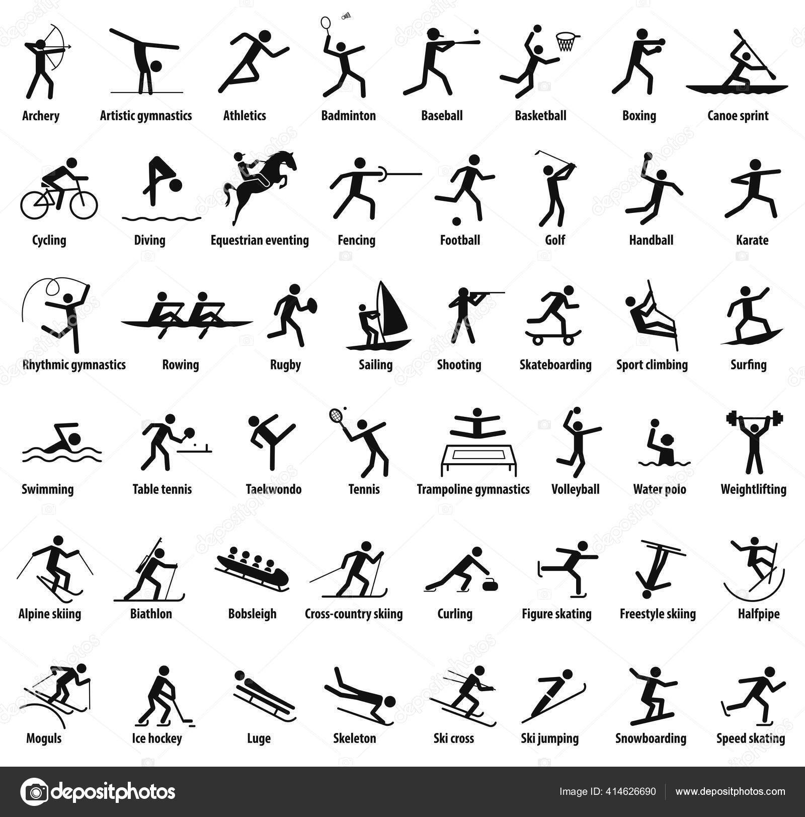 Sports Icons Vector Isolated Black Pictograms Names Sports Disciplines ...