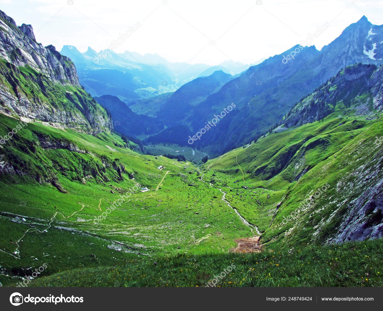 Alpine Pastures Meadows Slopes Alpstein Mountain Range River Thur ...