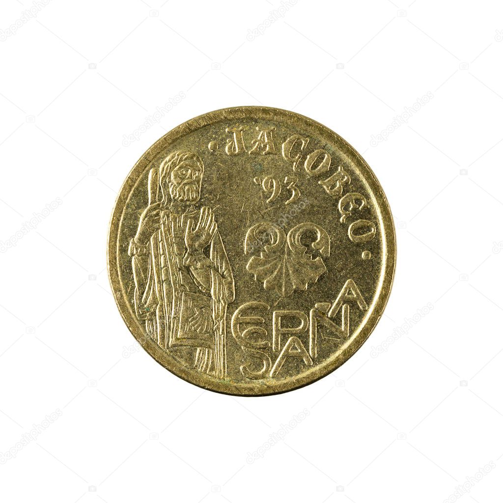 moneda de cinco pesetas españolas (1995) aislada sobre fondo blanco 2022