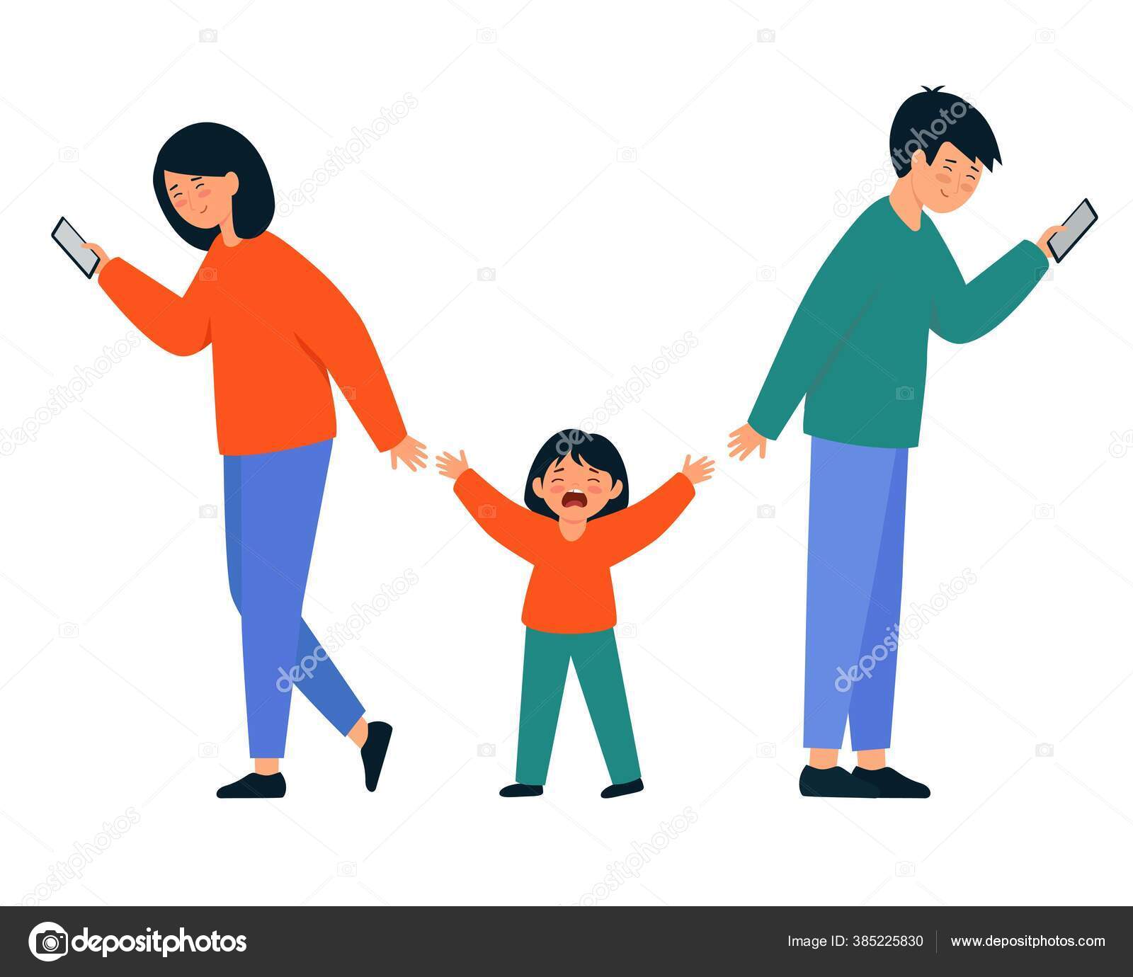 Parents ignore their child. A man and a woman look at smartphones and do not pay attention to ...