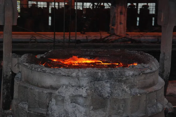 Very rare close view of working open hearth furnace at the ...