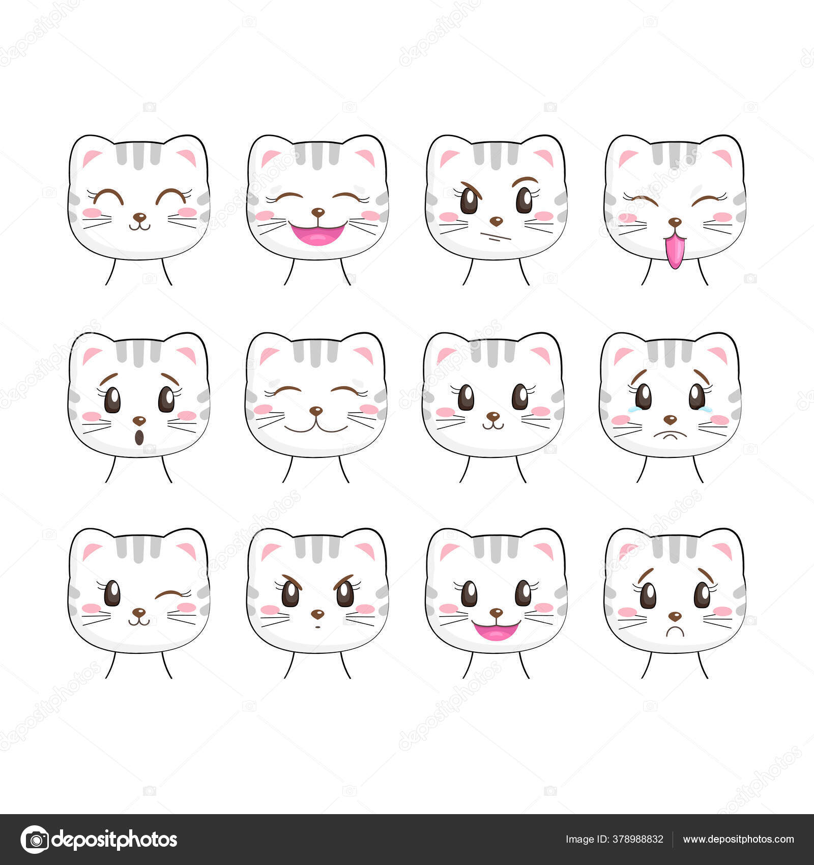 Set Cute Kitty Different Emotions Isolated White Background Kawaii Cat ...