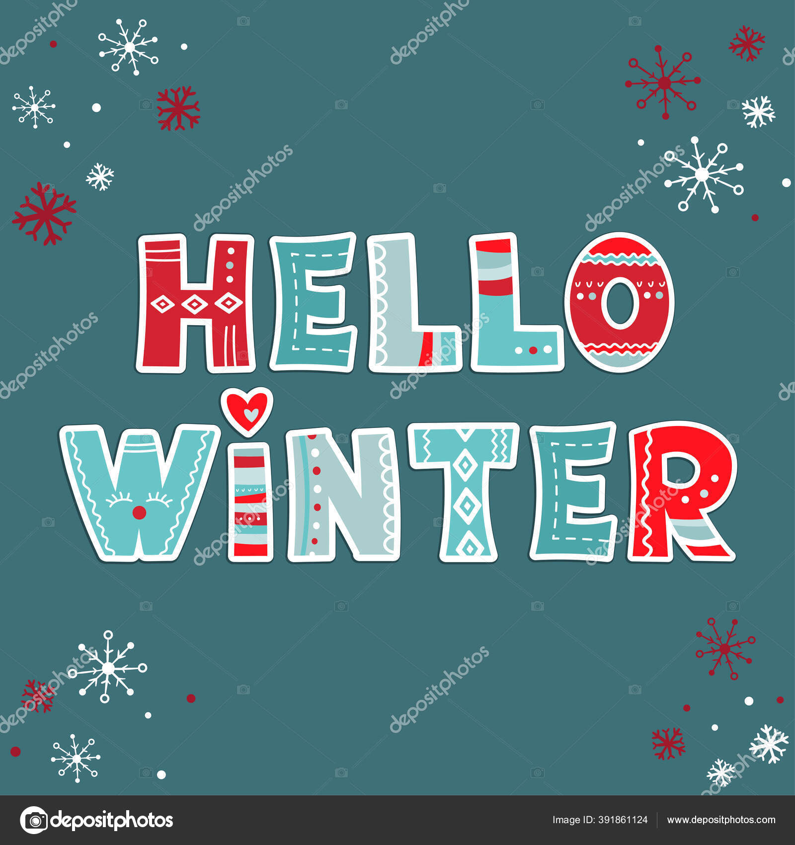 Hello Winter Vector Illustration Hand Drawn Christmas Typography ...