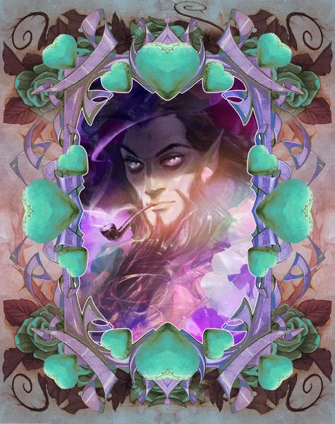 Hand Drawn Digital Portrait Illustration Handsome Elf Man Smoking Pipe ...